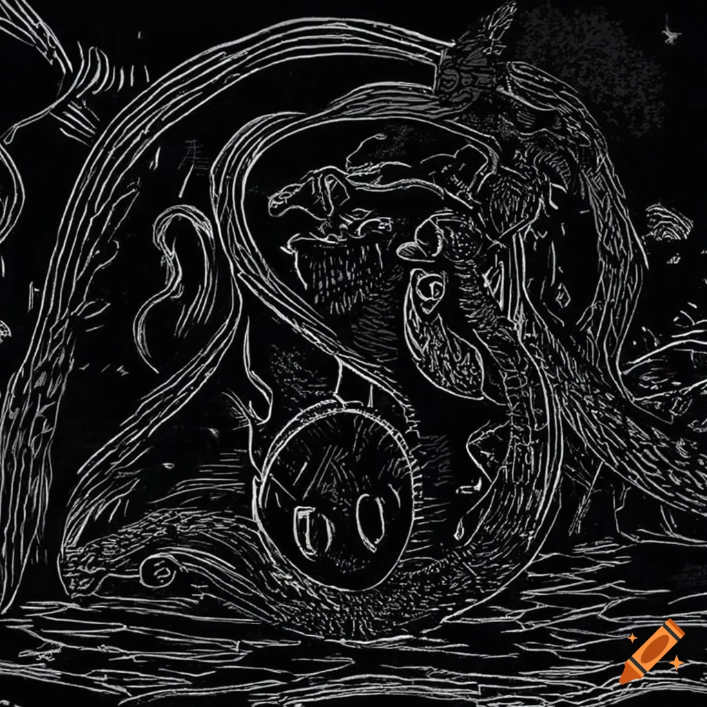 Monochrome linocut etching of a sad beautiful woman bog creature ...