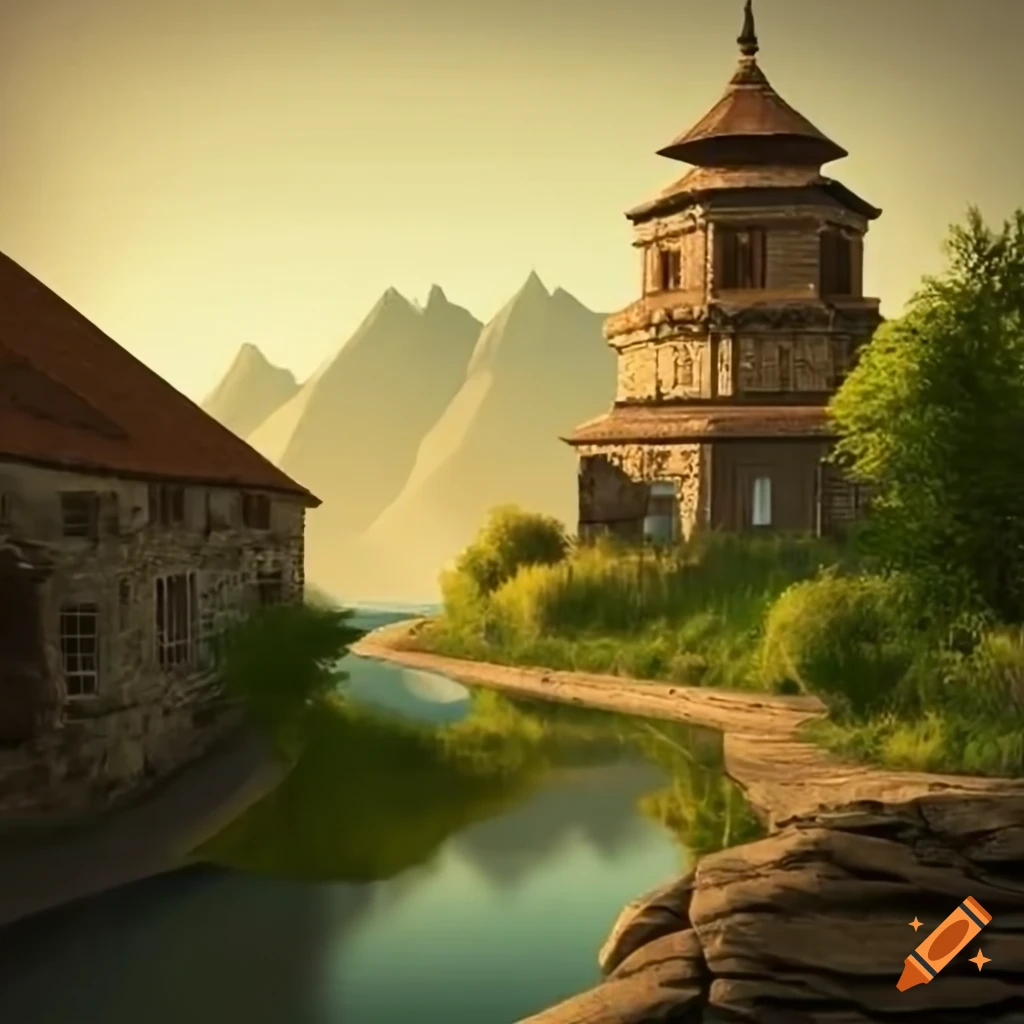 Medieval street with octagonal temple surrounded by stone houses, ponds ...