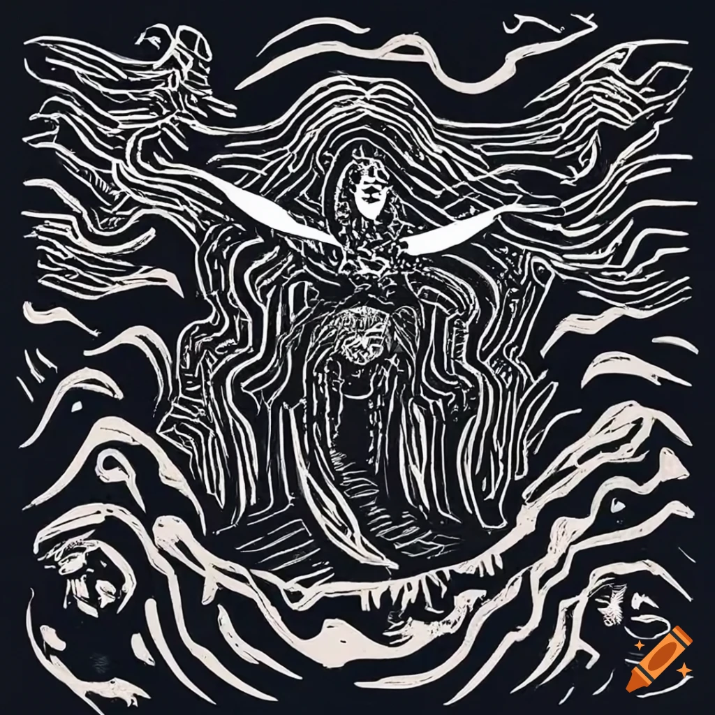 Monochrome linocut of a bog goddess emerging from a swamp surrounded by ...