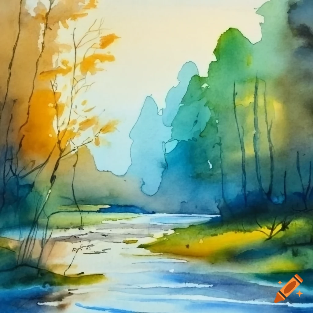 Watercolor painting of a creek with trees on each side in the early ...