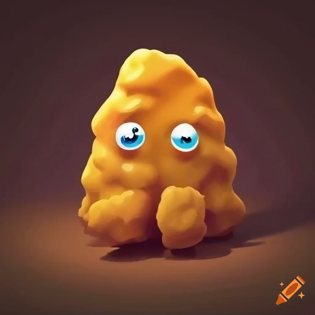 Cartoon chicken nugget with worried expression and crinkled paper on ...