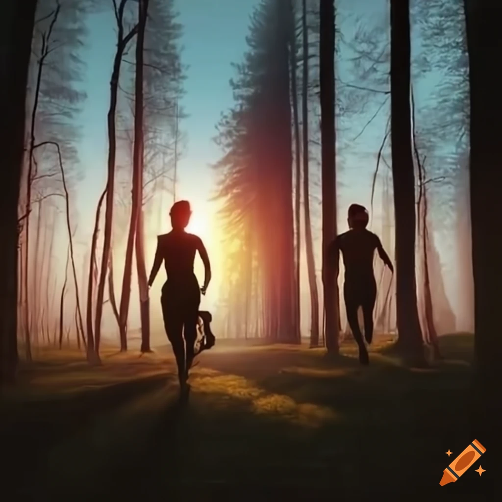 Three people running through a forest in the evening on Craiyon