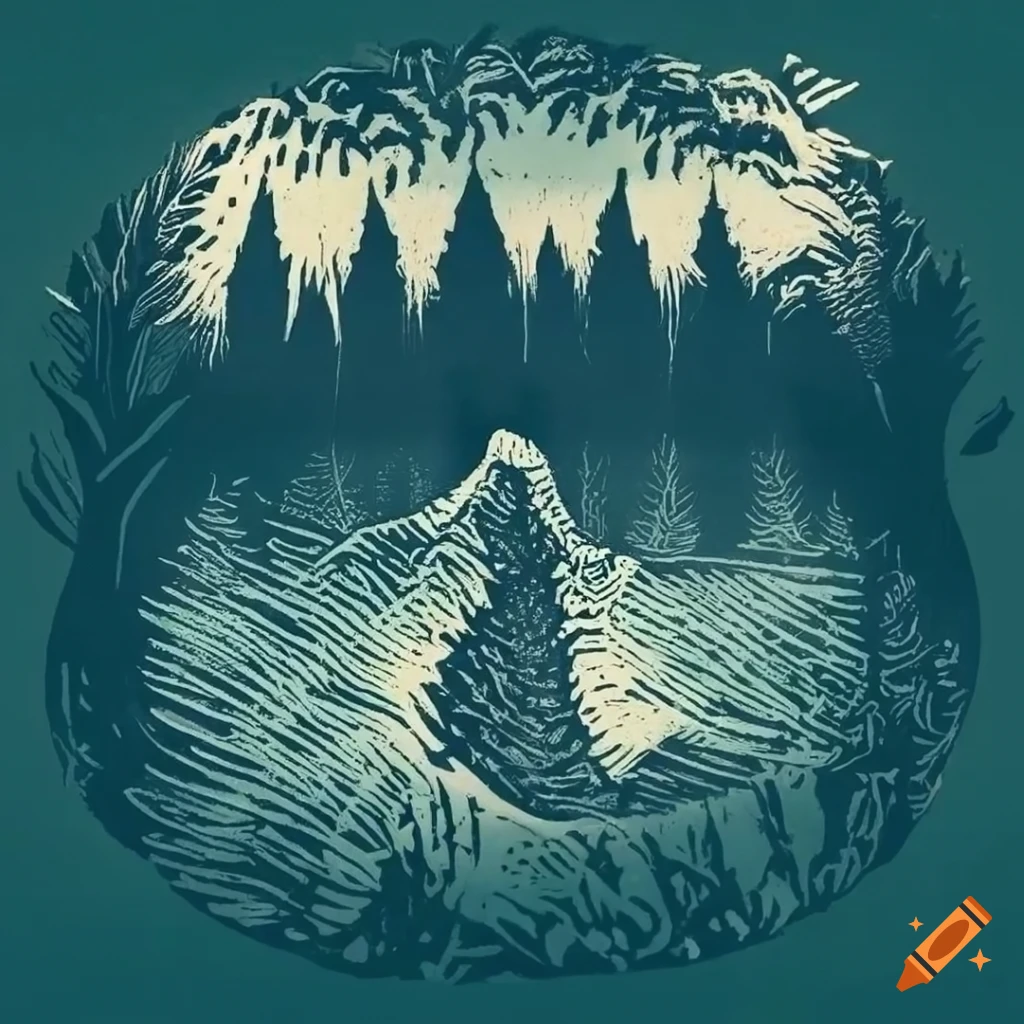 Monochrome linocut etching of a mysterious singing woman in a foggy ...