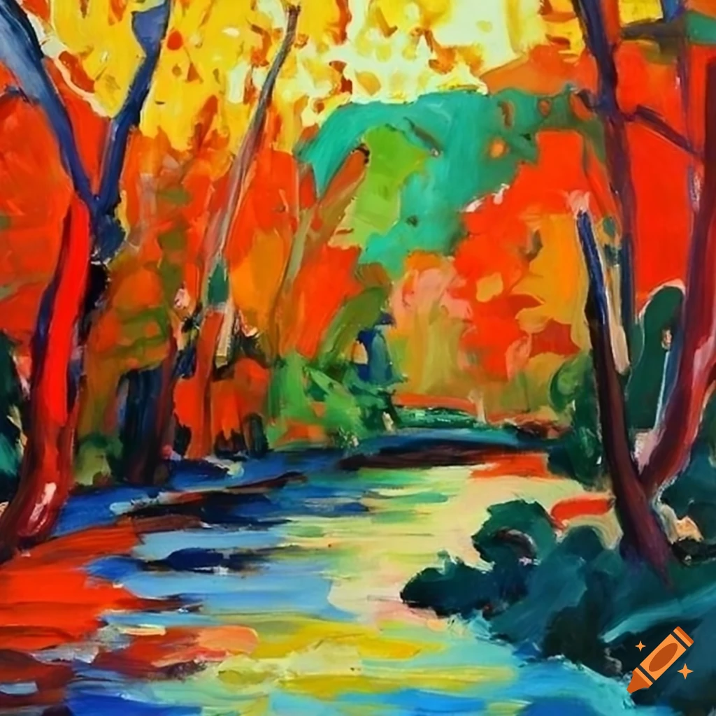 Fauvist painting of a river and trees on Craiyon