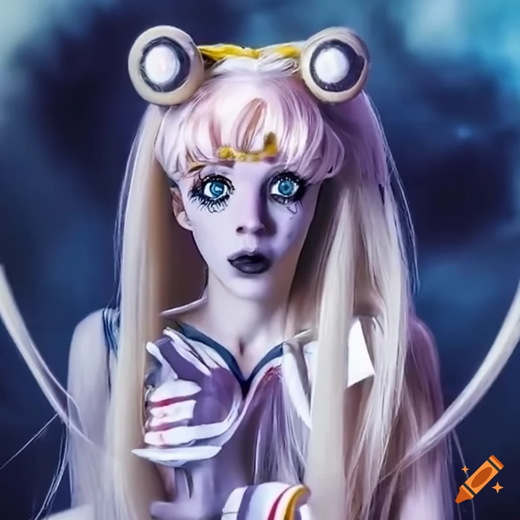 Creepy blonde sailor moon viewed from below on Craiyon