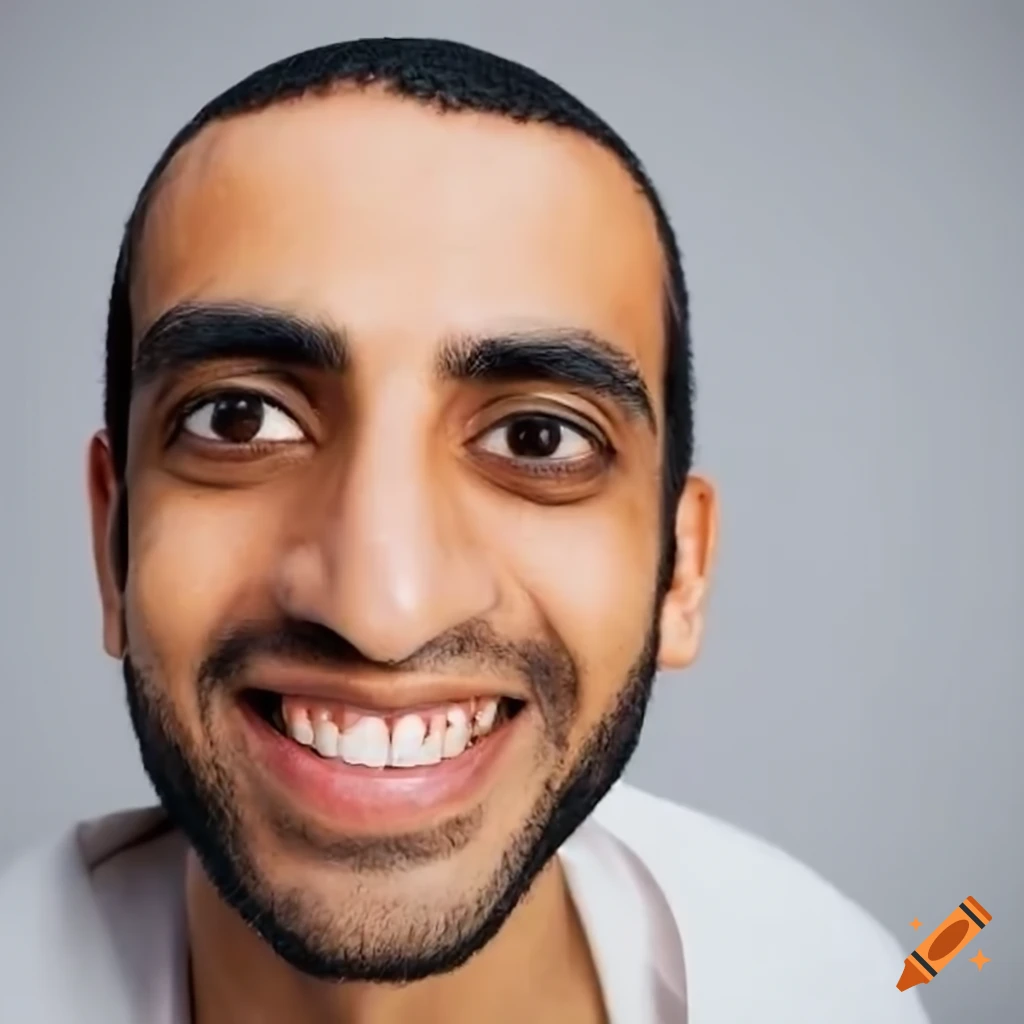 Arabic man smiling and making big eyes on gray background on Craiyon