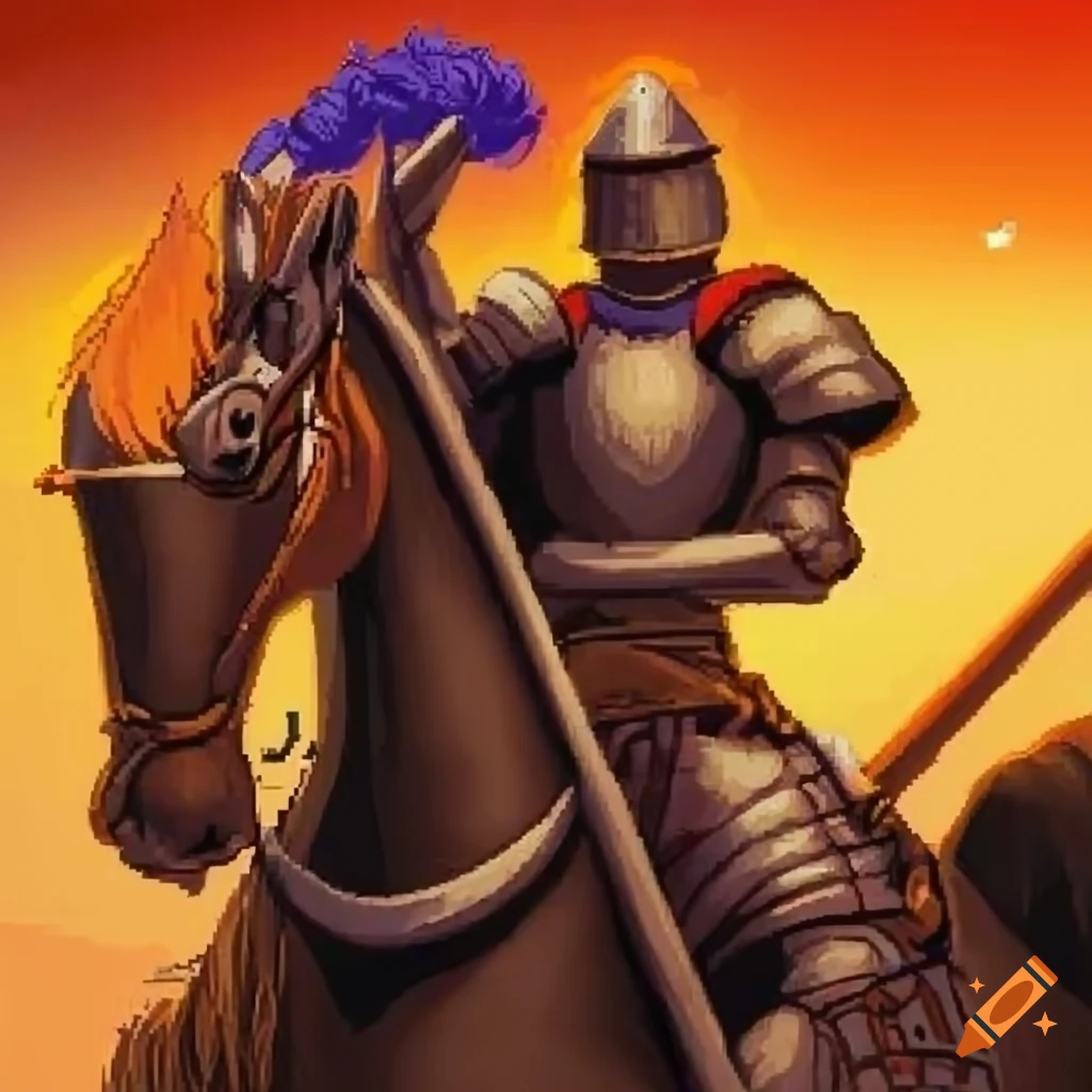 Detailed close up portrait of a knight on horseback in 1990s adventure ...