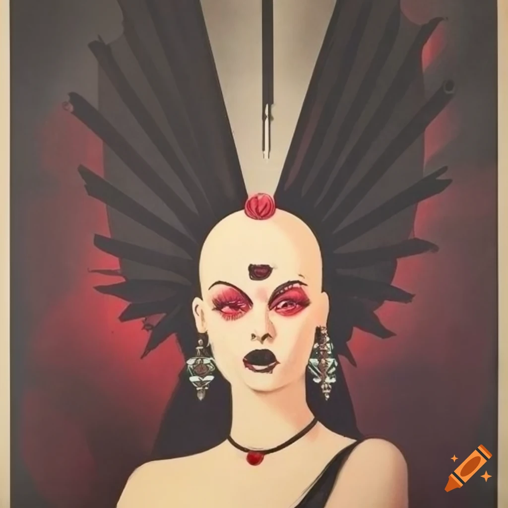 Vintage art deco Polish poster featuring a goth female portrait on Craiyon