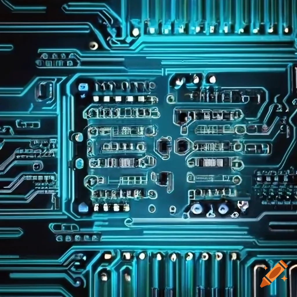 Close-up of intricate circuit-board design with pathways and resistors ...