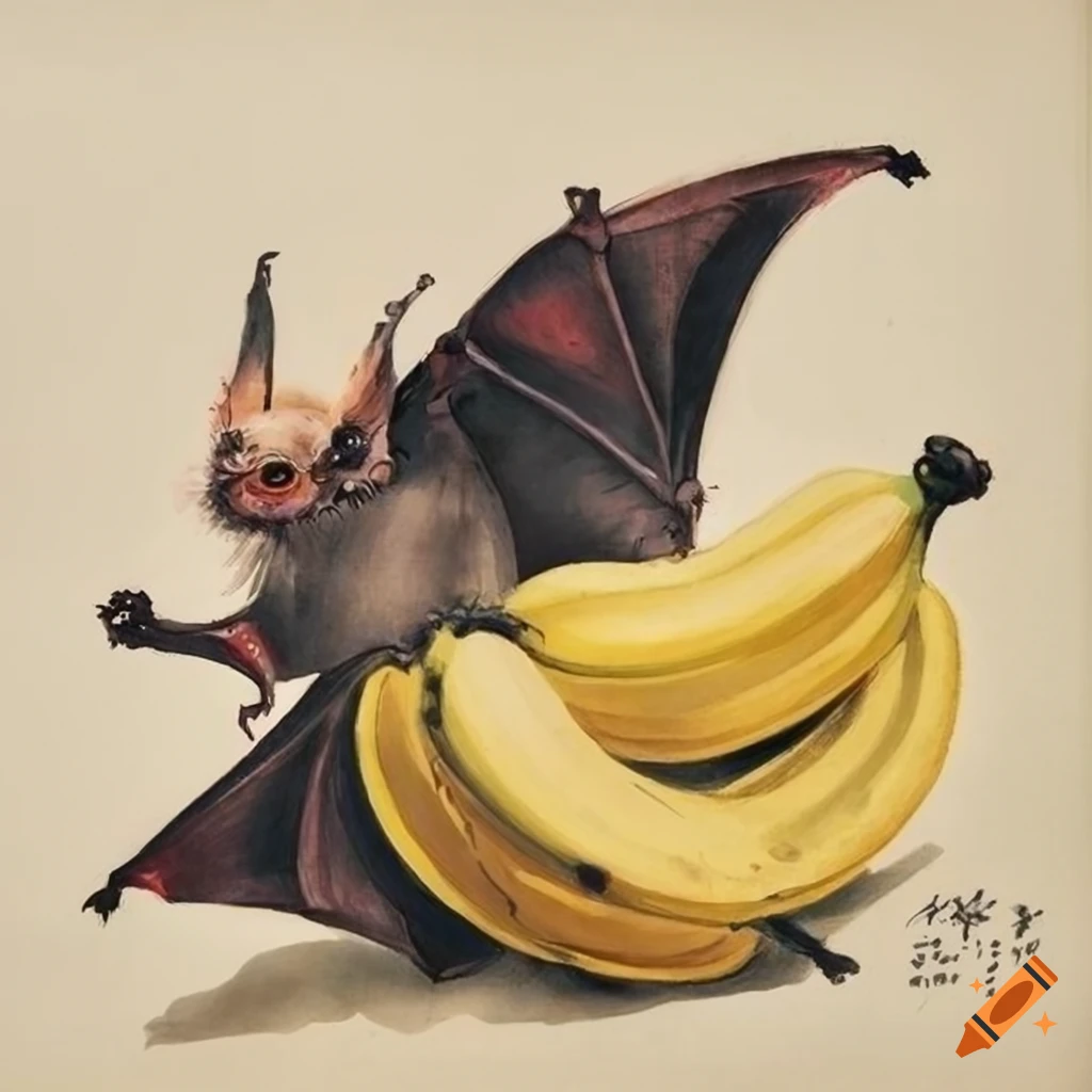 Chinese ink painting of a bat with a banana fruit on Craiyon