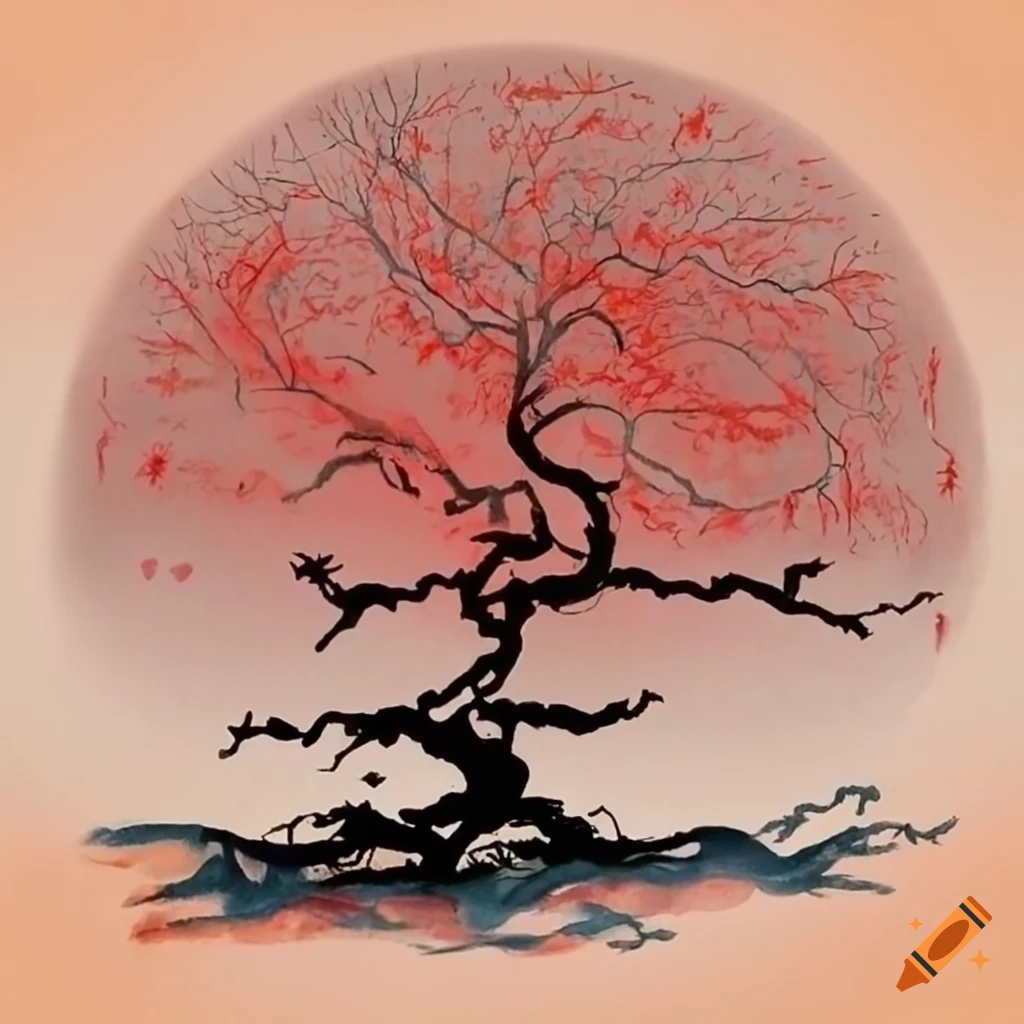 Ancient japanese style tree with red sun background on Craiyon