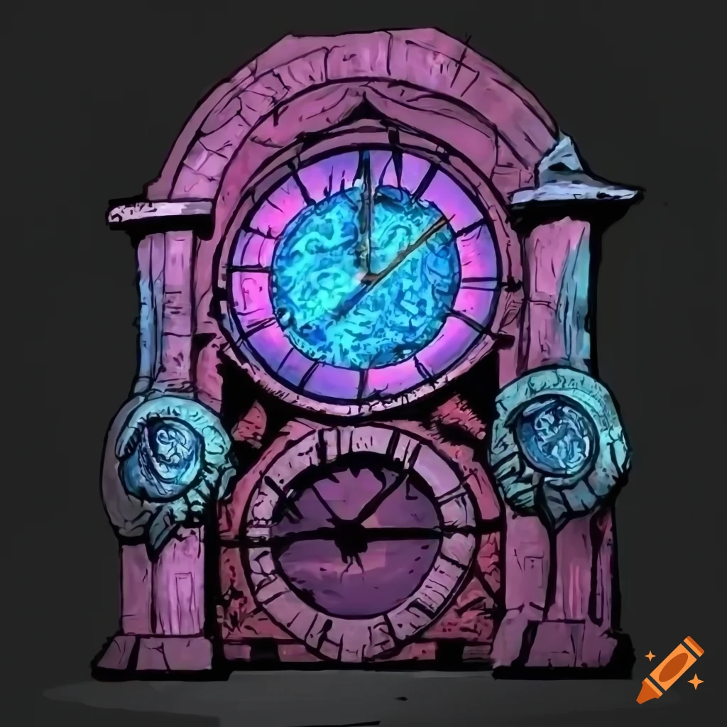 Dark fantasy clock with swirling portal design in pink and blue on Craiyon