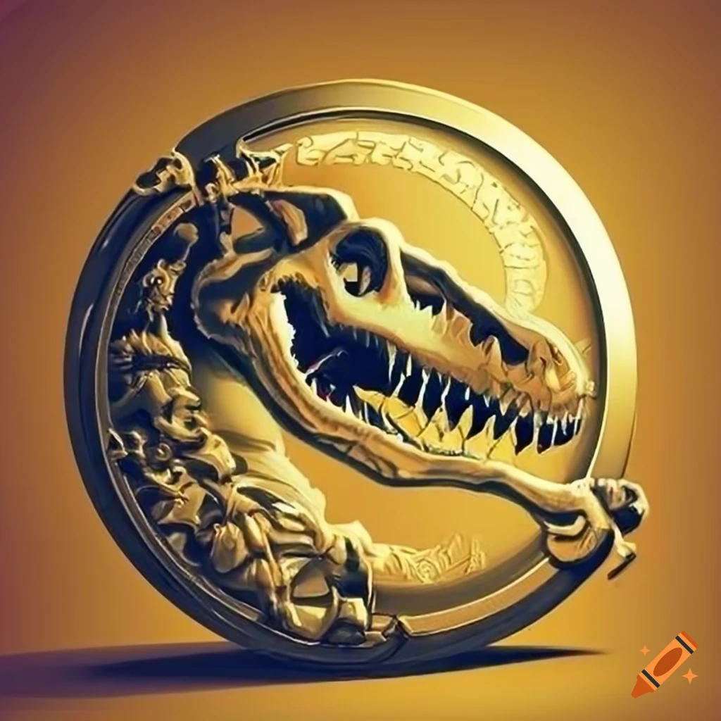 Fantasy depiction of an Atlantis gold coin with a dinosaur emblem on ...