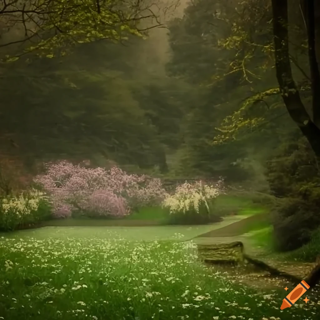 French misty early spring garden on Craiyon