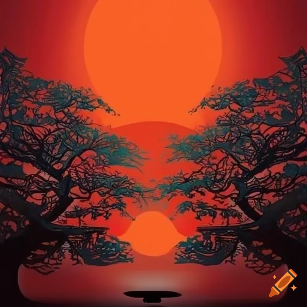 Ancient japanese style tree with a red sun on Craiyon