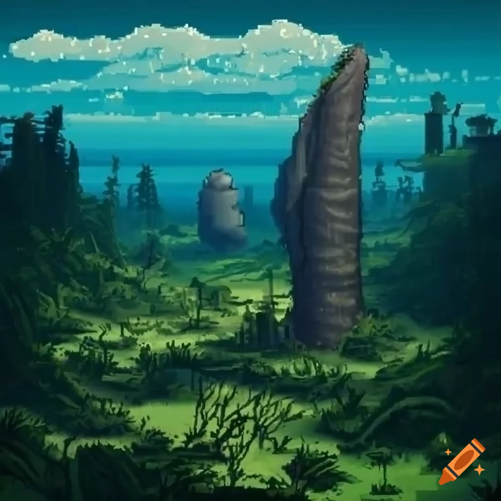 Realistic pixel art of the silurian period landscape with sky, clouds, rocks, plants, and giant ...