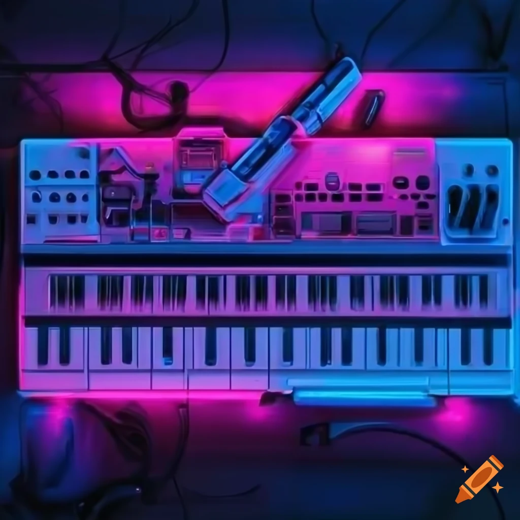 Sci-fi mechanic's synthesizer with pink and blue neon lights in ...