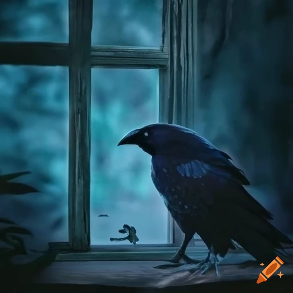 Japanese spirit in kimono with raven overlooking moonlit forest from ...