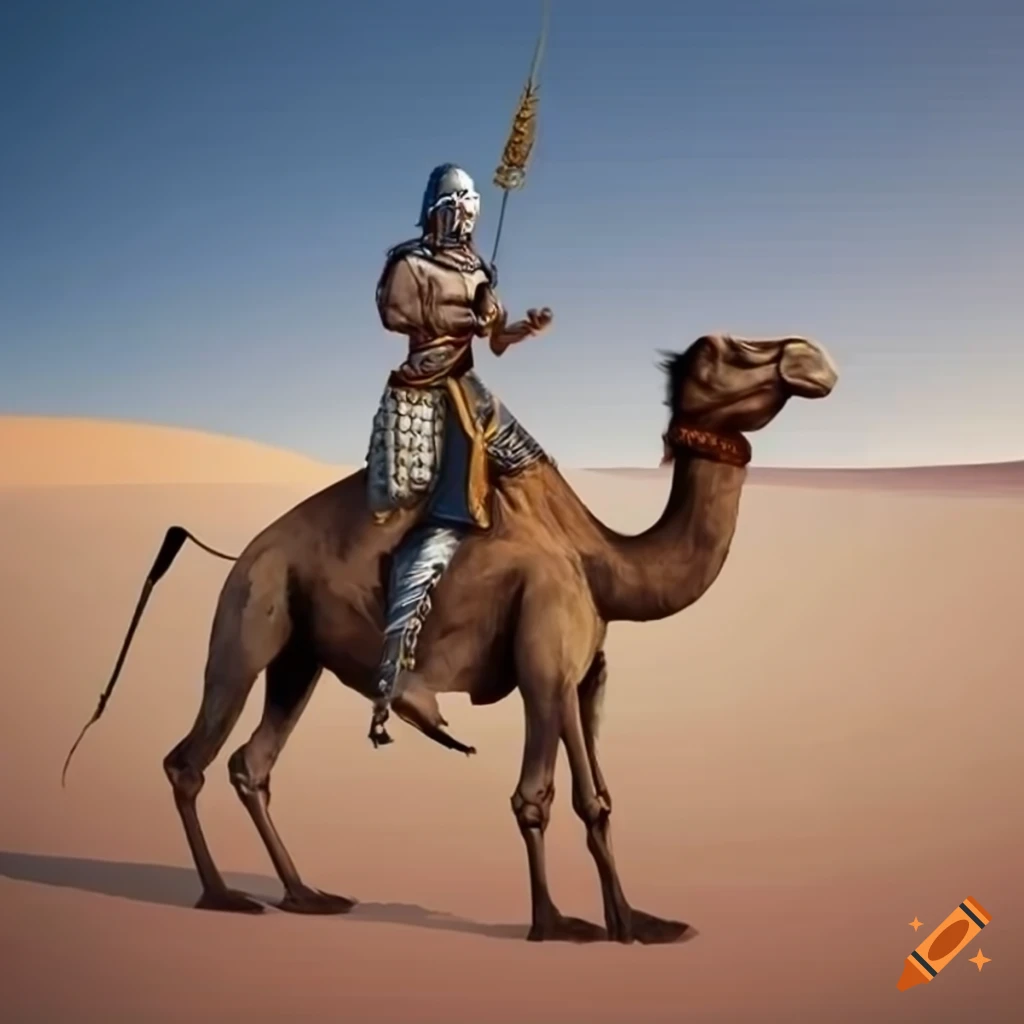 Medieval egyptian warrior riding a camel in the desert on Craiyon