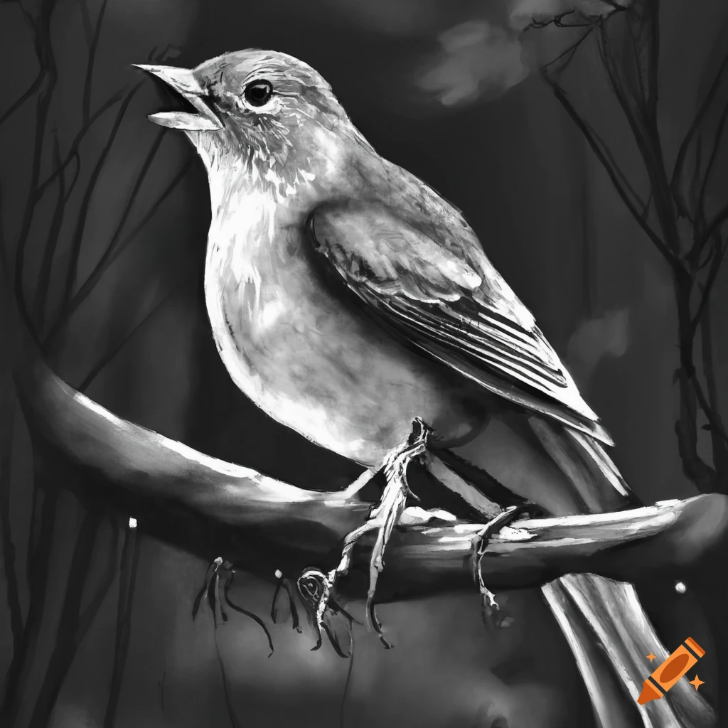 Nightingale singing on a branch in the forest at night, charcoal ...