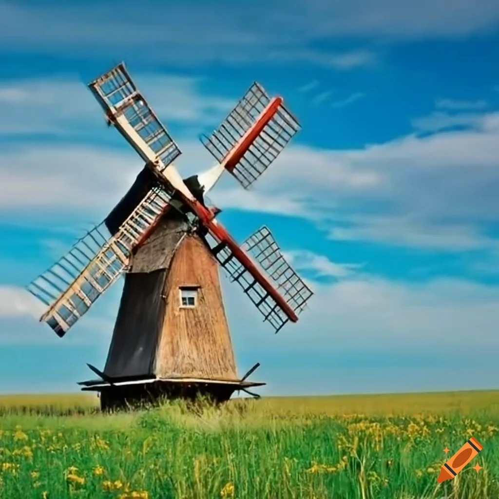 Tall windmill with four wings in a meadow on Craiyon