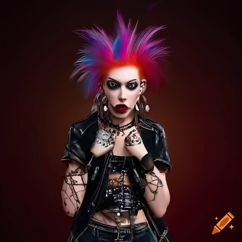 Female character in street punk aesthetic with leather jacket, ripped jeans, and doc martens ...