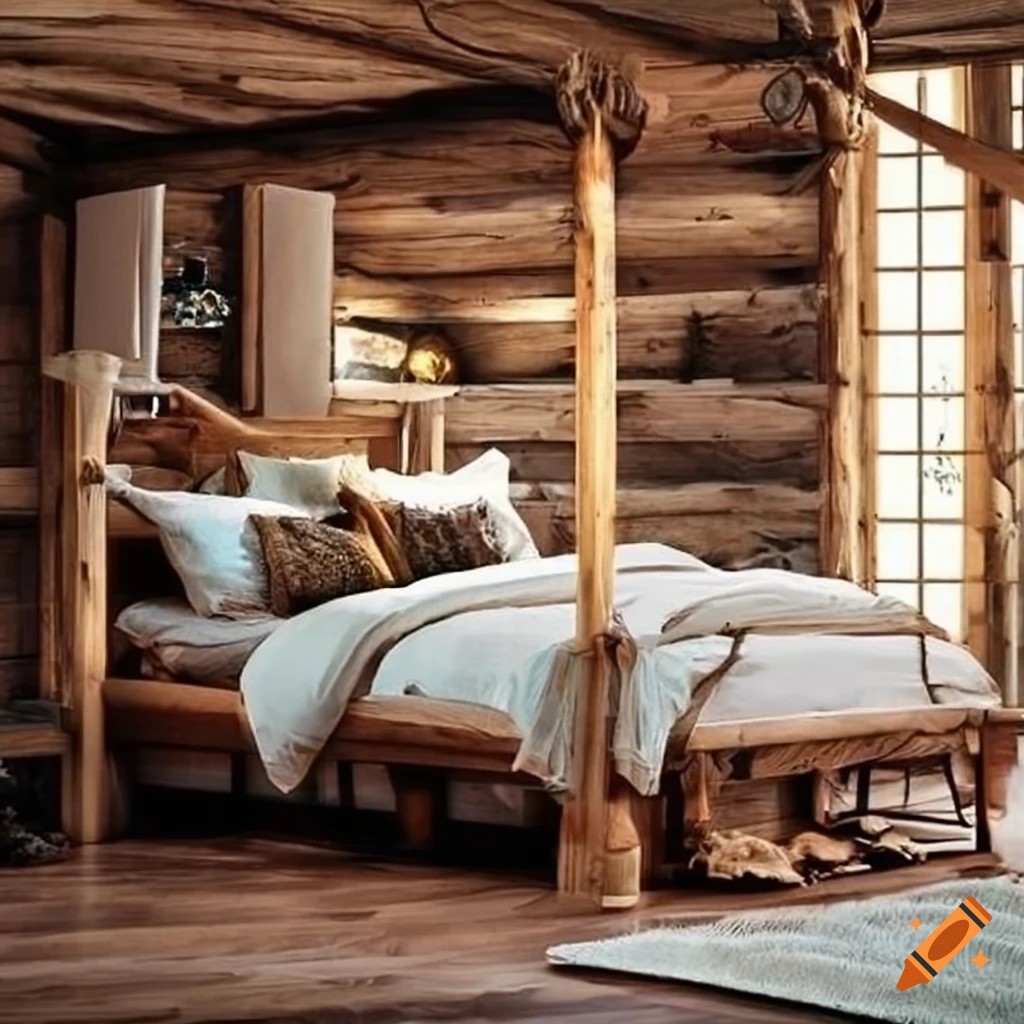 Large bed with white bedding in a rustic cabin with bedframe posts on ...