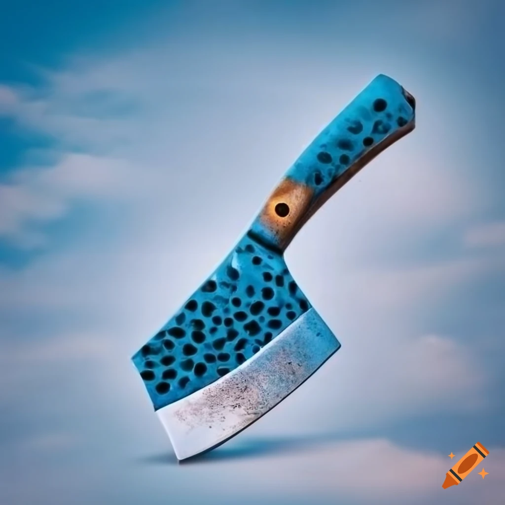 Cerulean blue cleaver with holes in a cloudy sky background on Craiyon