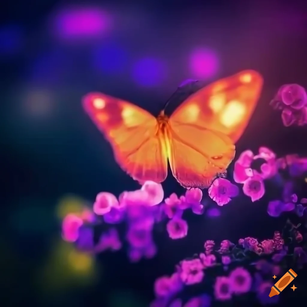 Sunset field background with a fluorescent butterfly glowing in bokeh ...
