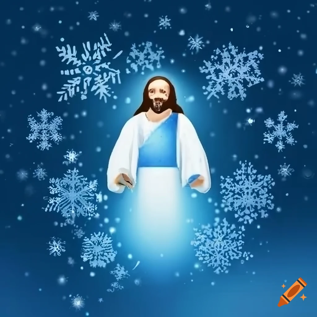 Snowflakes falling around jesus' face in a winter setting on Craiyon