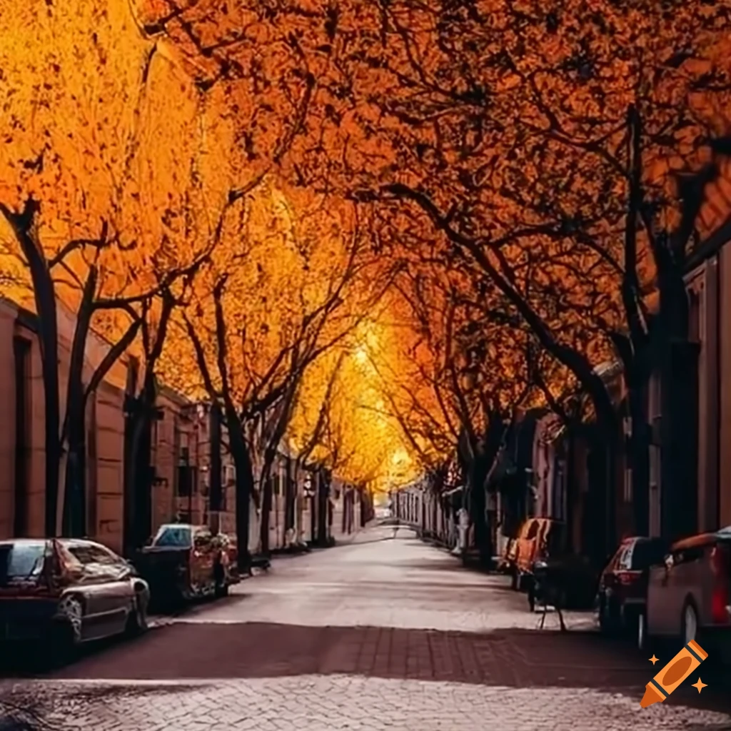 Street in a residential area with orange trees planted on the sidewalks ...
