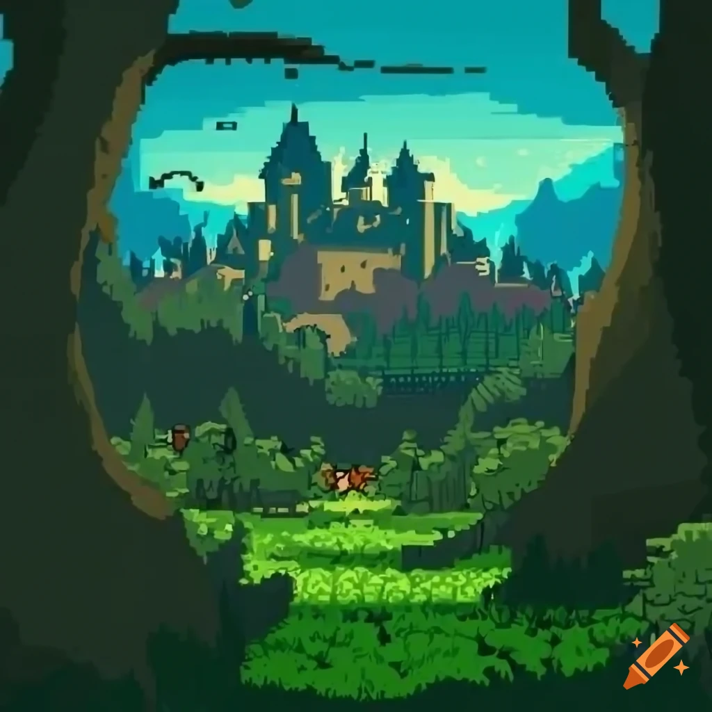 Sprawling fantasy landscape with forests and castles in retro 90s ...