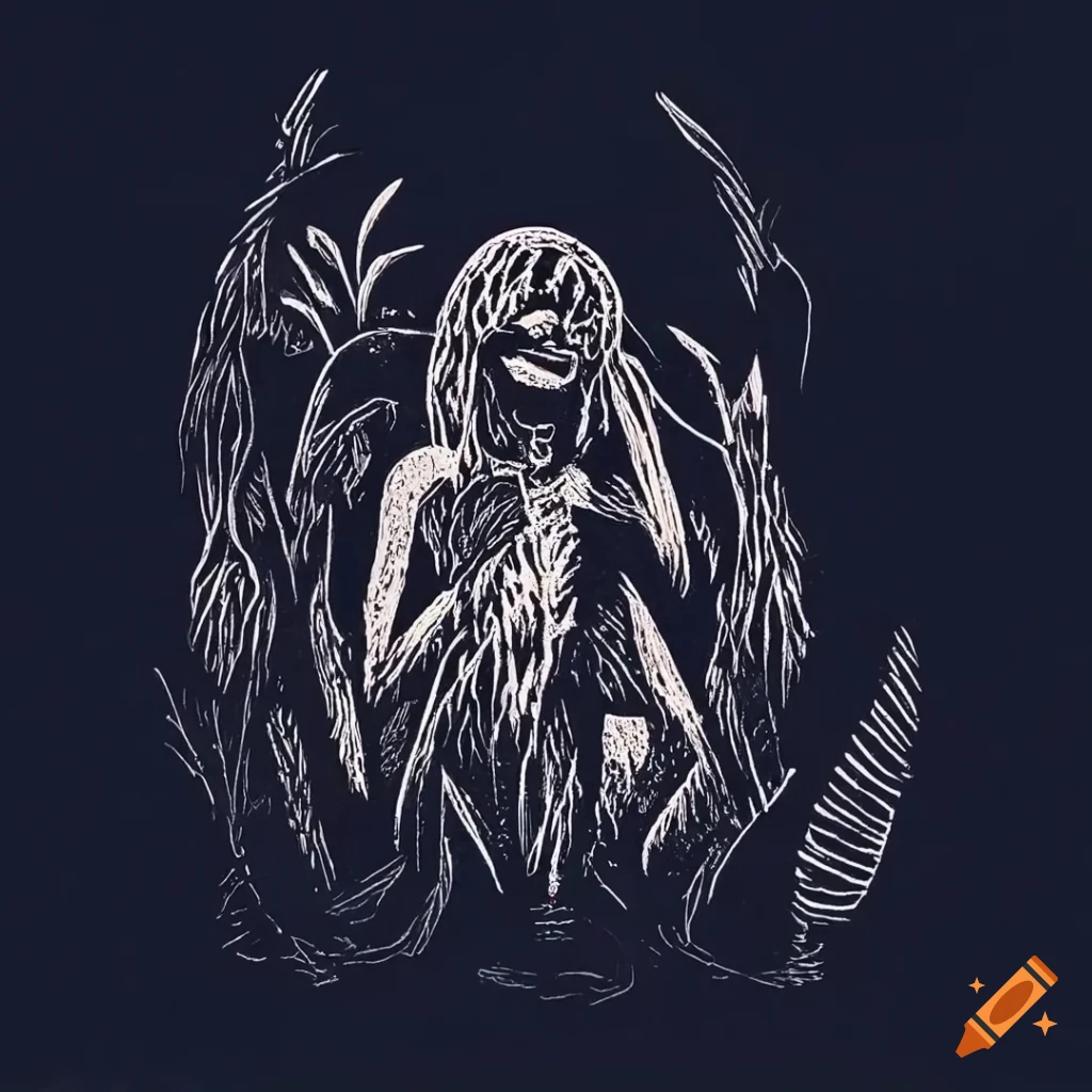 Monochrome linocut etching of a sad beautiful woman bog creature ...