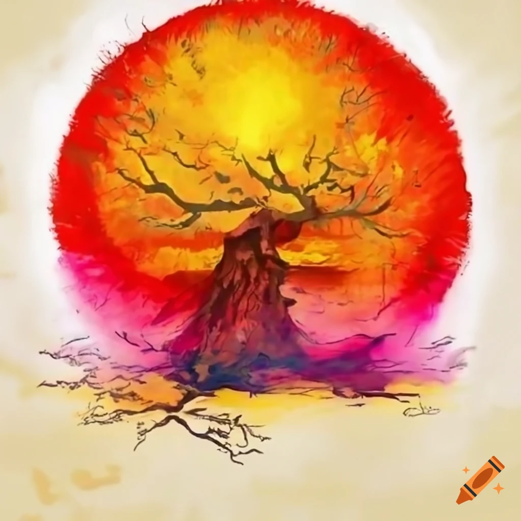 Ancient japanese-style tree with red sun on Craiyon