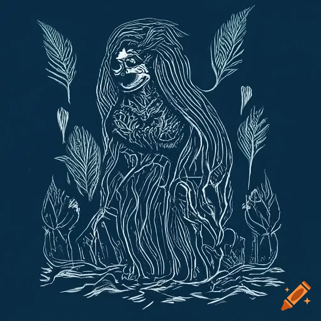 Monochrome linocut of a bog goddess emerging from swamp surrounded by ...