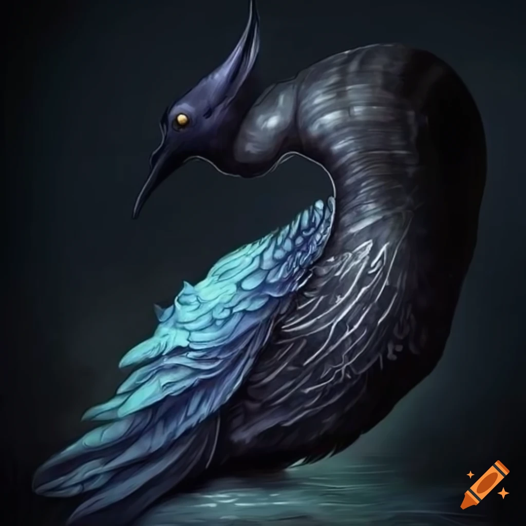 Illustration of a mythical crow-snail creature on Craiyon