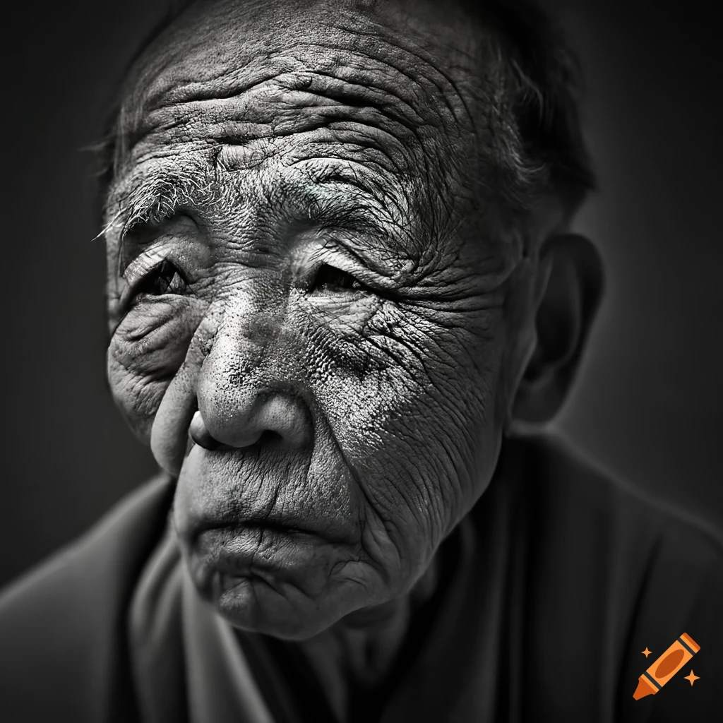 Portrait of a sad old japanese man in a busy background on Craiyon