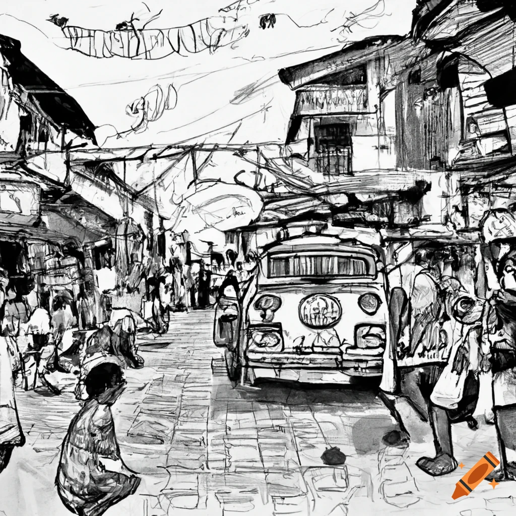 Sketchy depiction of bustling streets in the Philippines with jeepneys ...