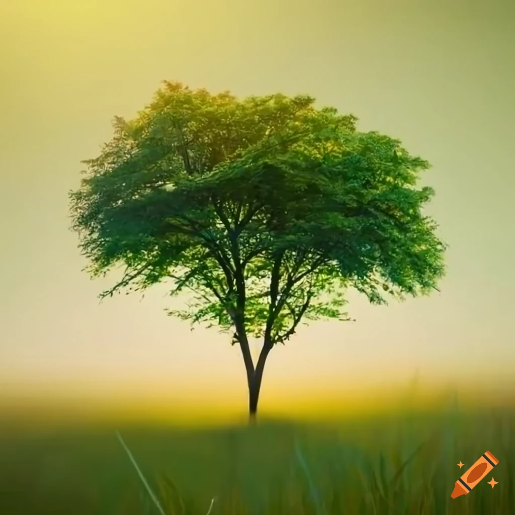 Graceful young tree with excessive leaves in a meadow on Craiyon