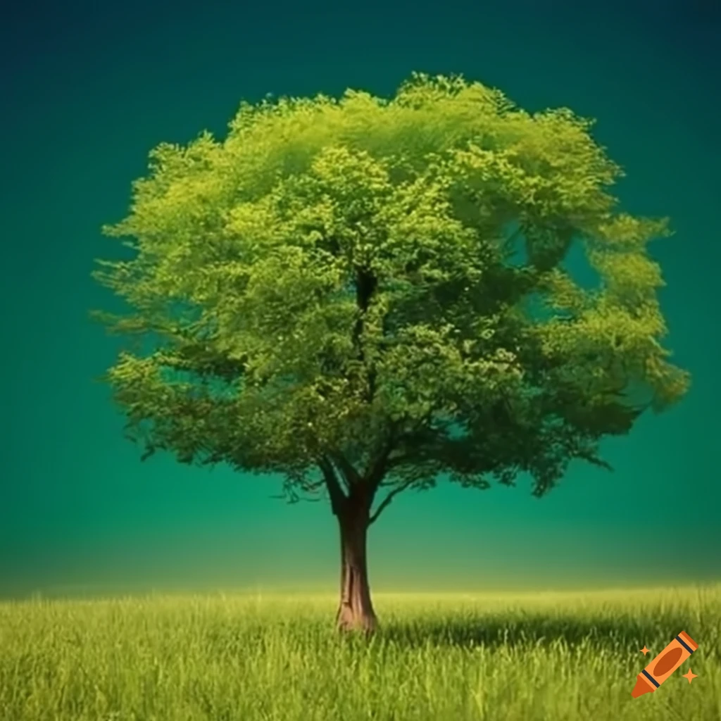 Graceful green tree standing tall in a meadow on Craiyon