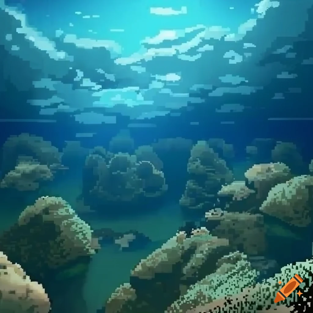 Realistic pixel art of the silurian period with sky, clouds, coral ...