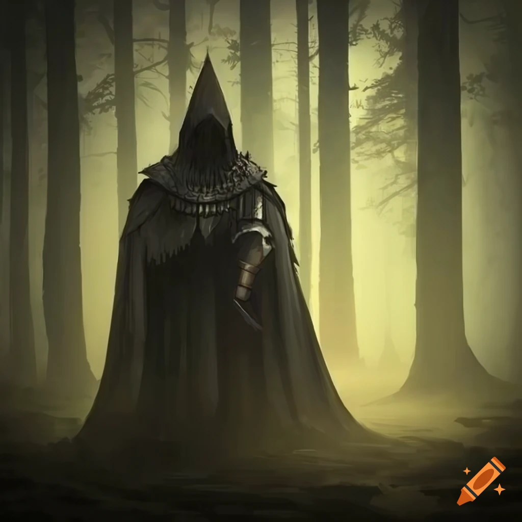 Dark fantasy art of lone knight in pine forest near fortress castle in ...