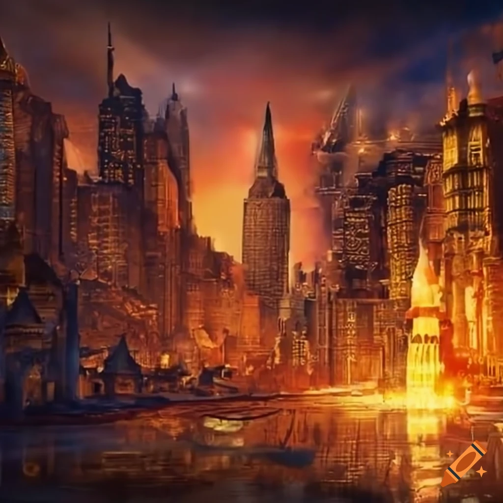 City of brass in a plane of fire scene on Craiyon
