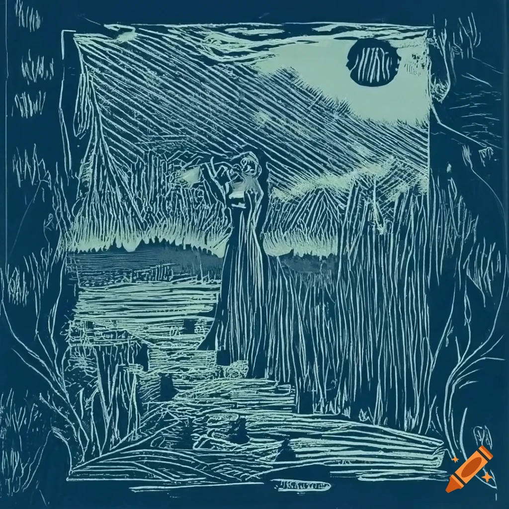 Monochrome linocut etching of a mysterious singing woman in a foggy ...