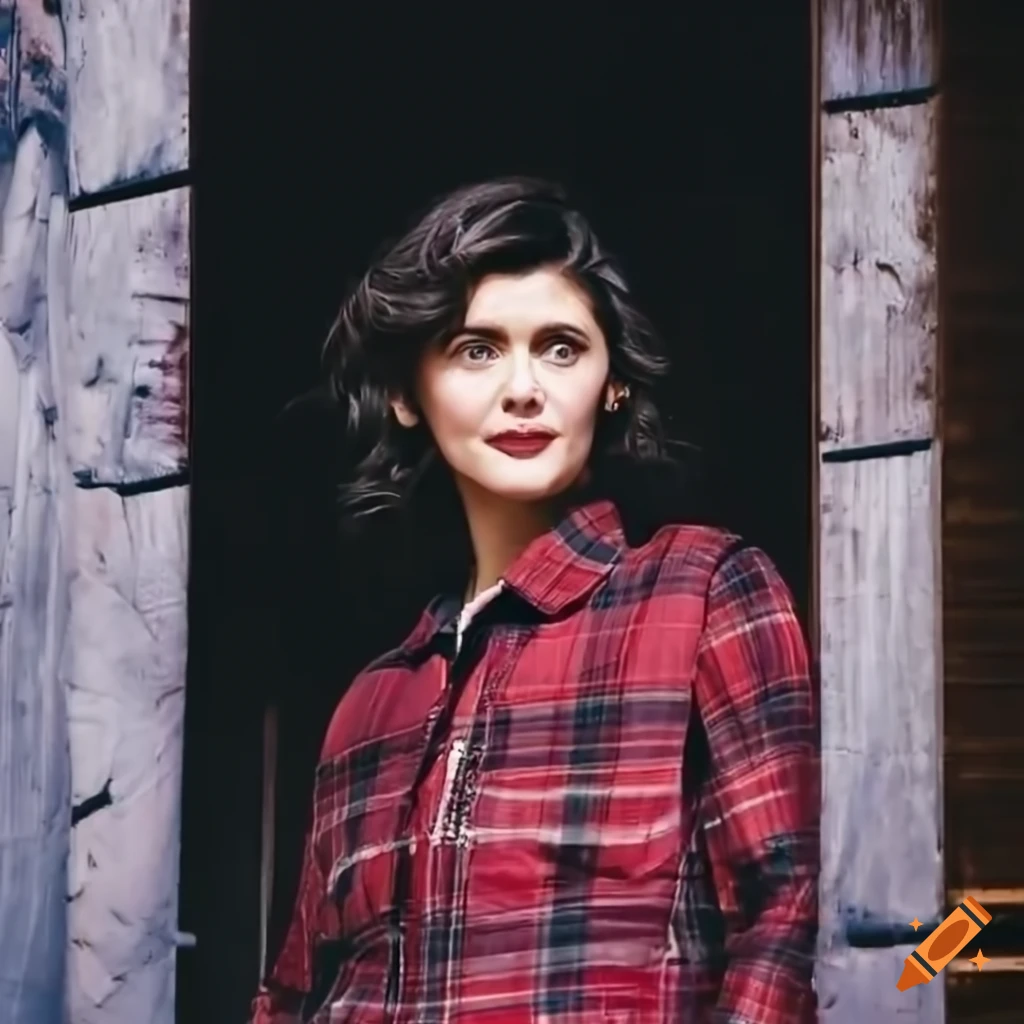 Close-up view of a person in red plaid shirt, leather jacket, and trousers on Craiyon