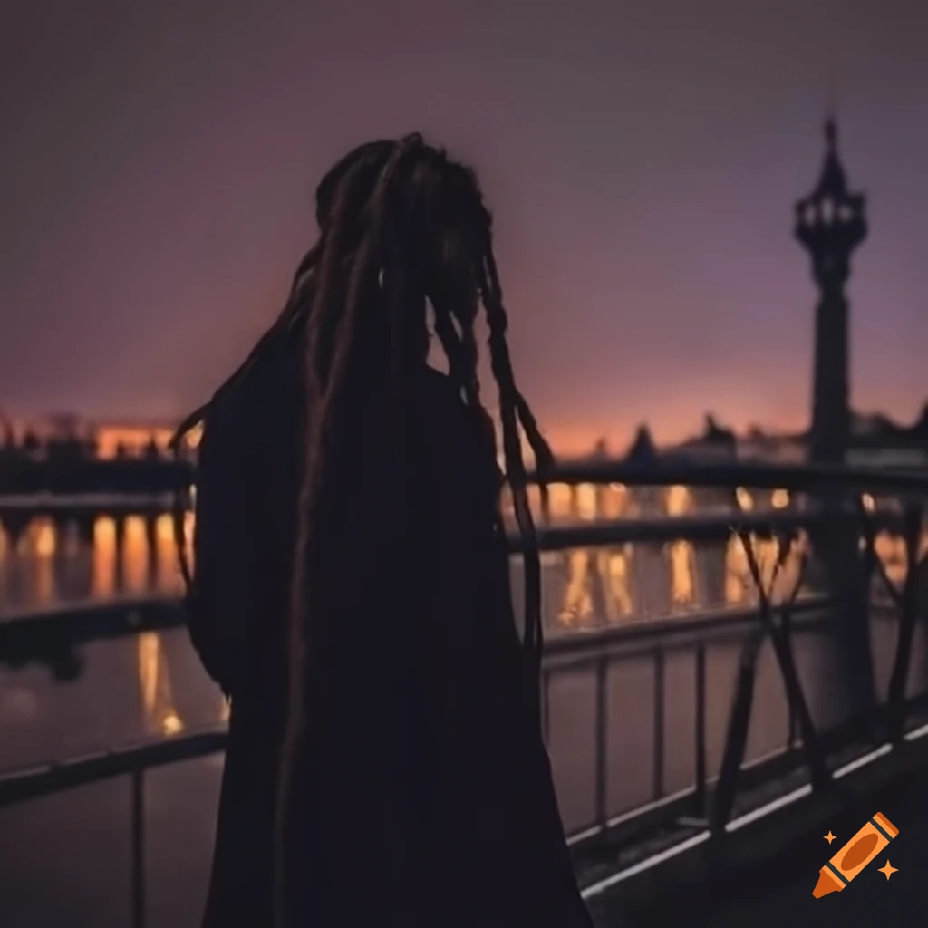 Gothic man with long light brown dreads standing on a bridge and crying ...