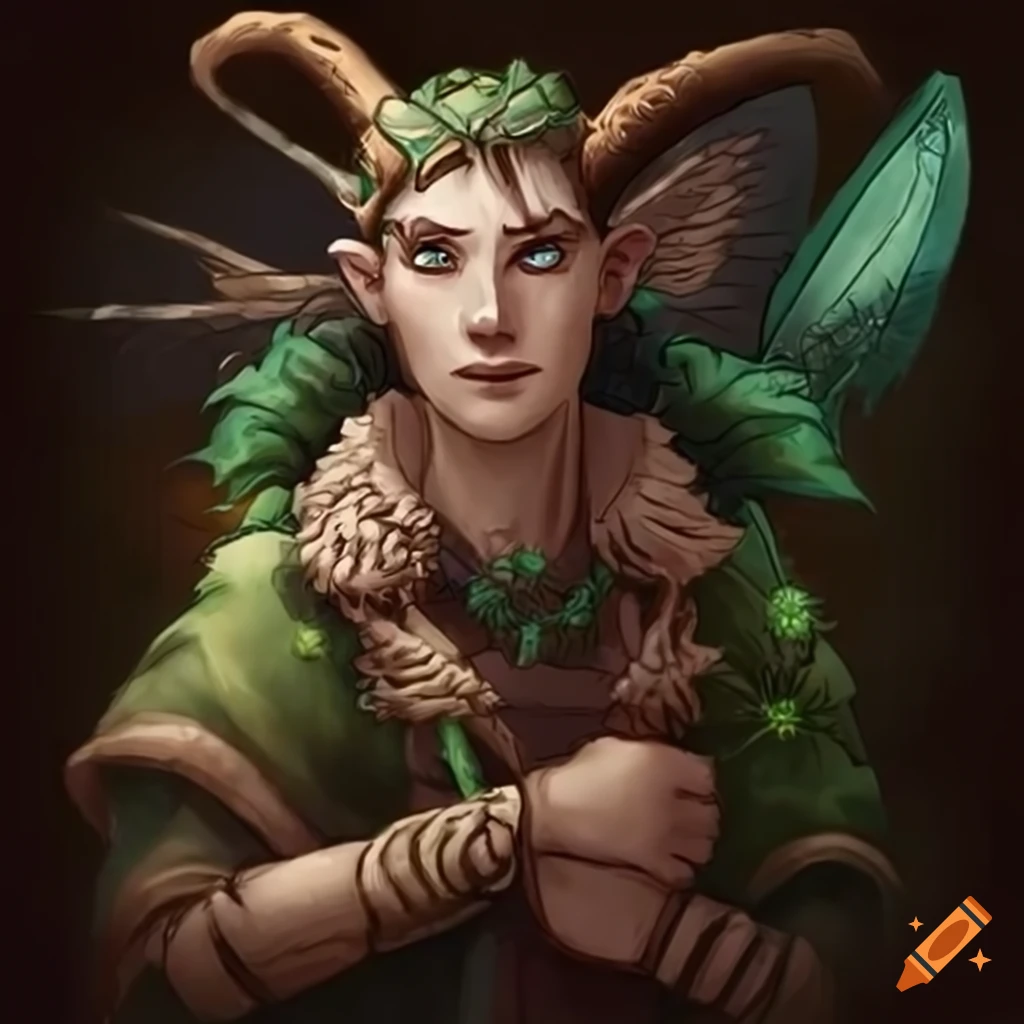 Male fairy dnd character with plant elements, wooden mace, and circle ...