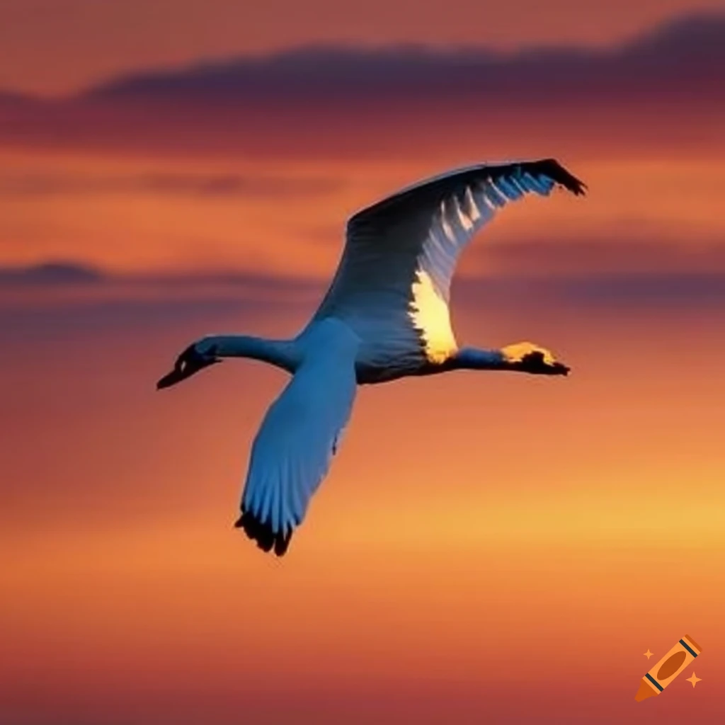 White swan in flight at sunset on Craiyon