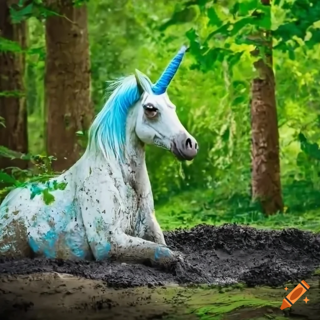 White unicorn with blue mane in a muddy forest on Craiyon