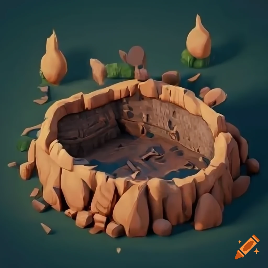 Isometric clay pit in a forest setting with a fantasy style on Craiyon